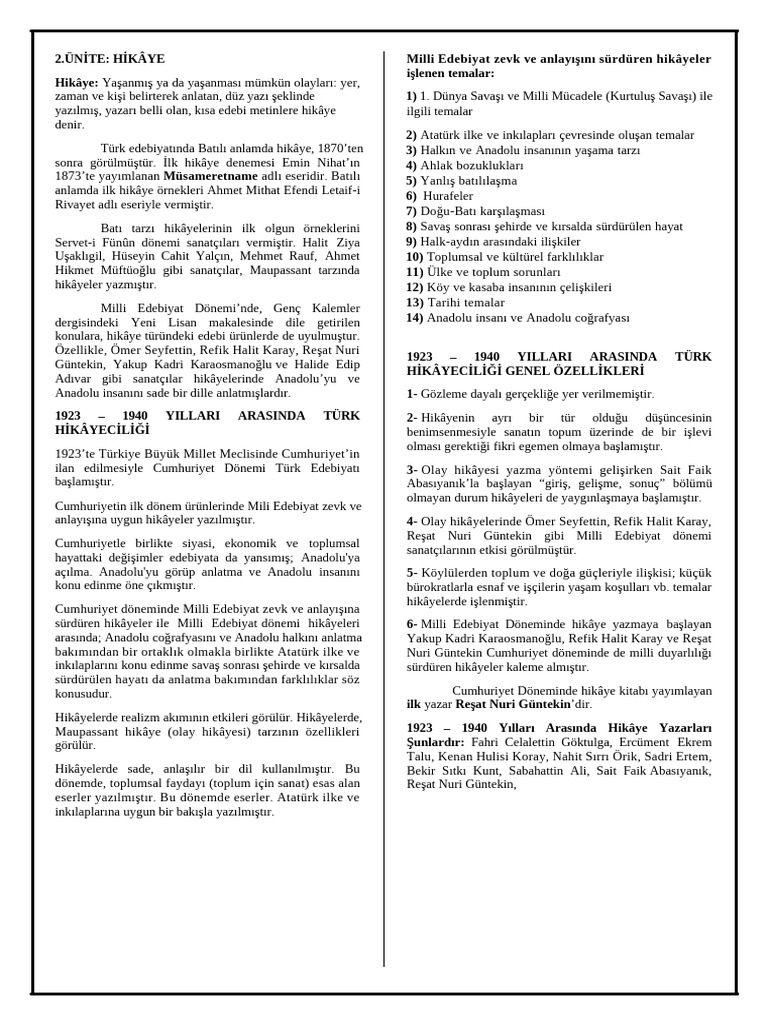 11 TDE II. ÜNİTE HİKAYE DERS NOTU genel | PDF