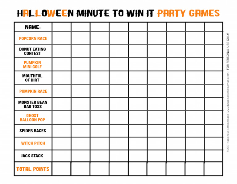 Halloween Minute To Win It Party Games Scorecard | PDF