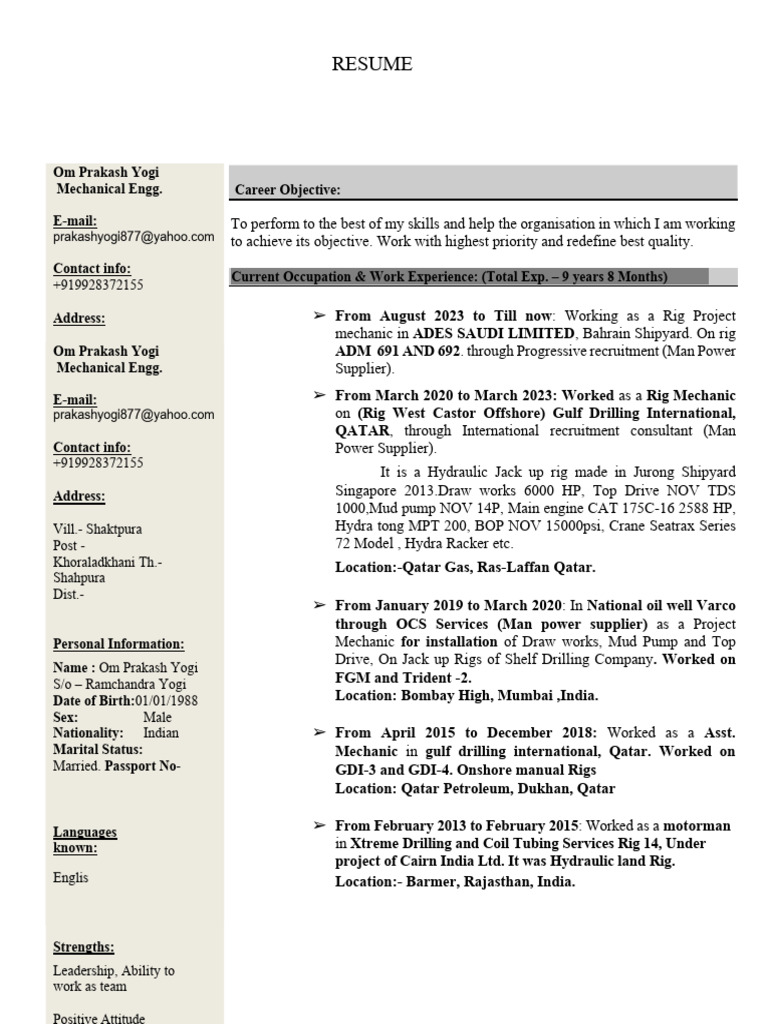 Om Prakash Yogi Rig Mechanic Resume 2.32.53 PM | PDF | Pump | Technology & Engineering