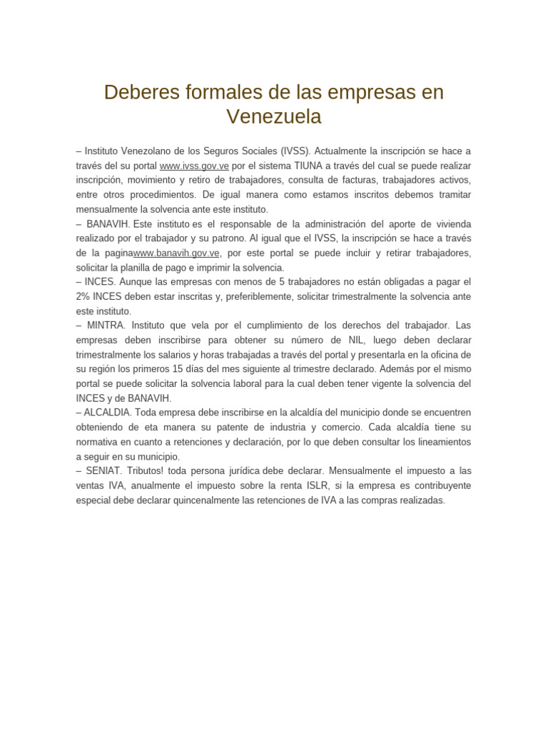 Deberes Formales de Las Empresas en Venezuela | PDF | Documento de identidad | Negocios
