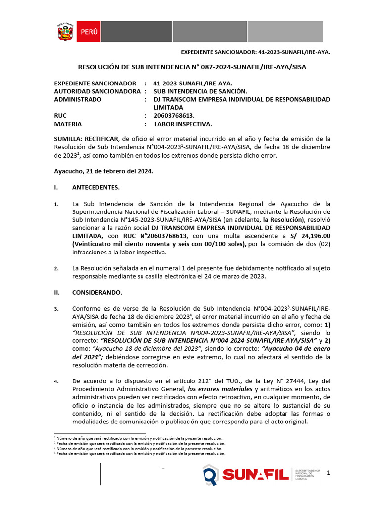 RECT. EXP. SANC. 41-2023-DJ TRANSCOM EIRL-año de La Resolucion y Fecha de Emision (Roy) | PDF