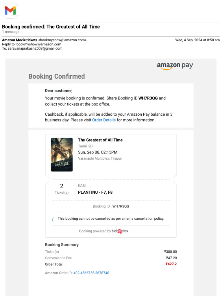 Gmail - Booking Confirmed - The Greatest of All Time | PDF