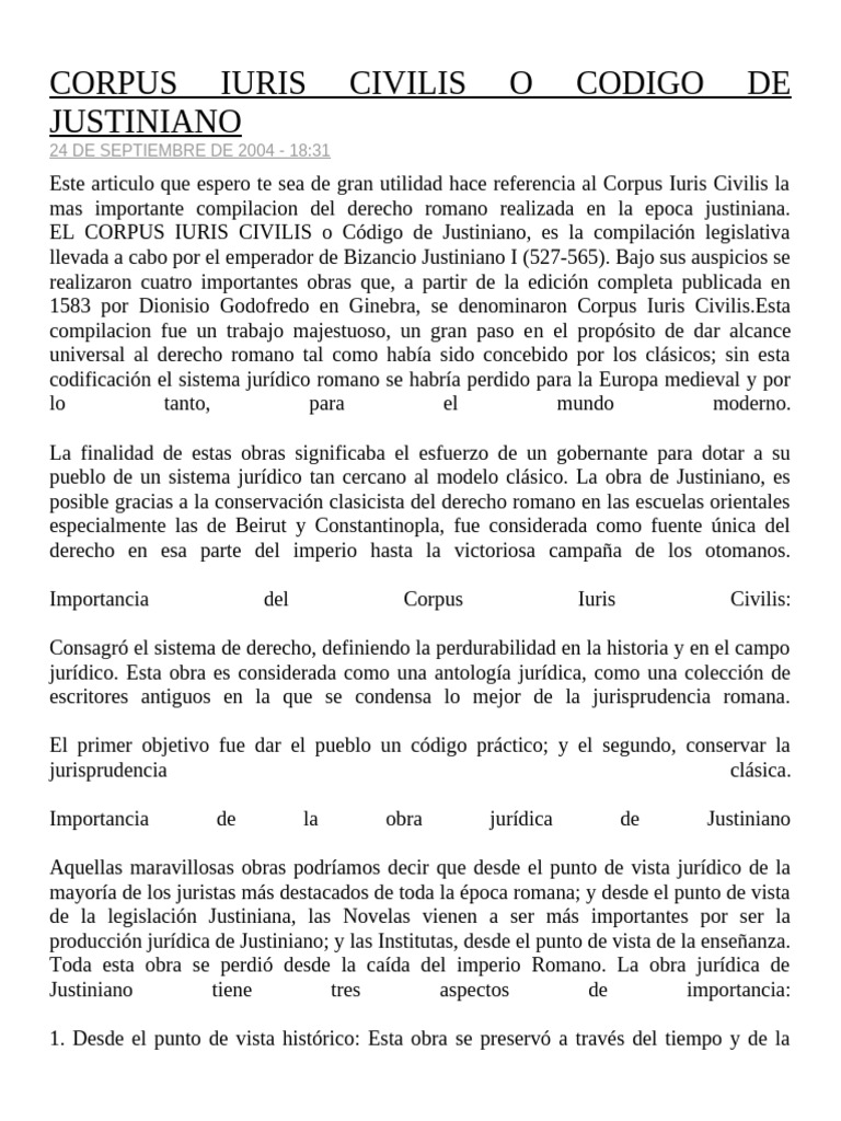 Corpus Iuris Civilis o Codigo de Justiniano | PDF