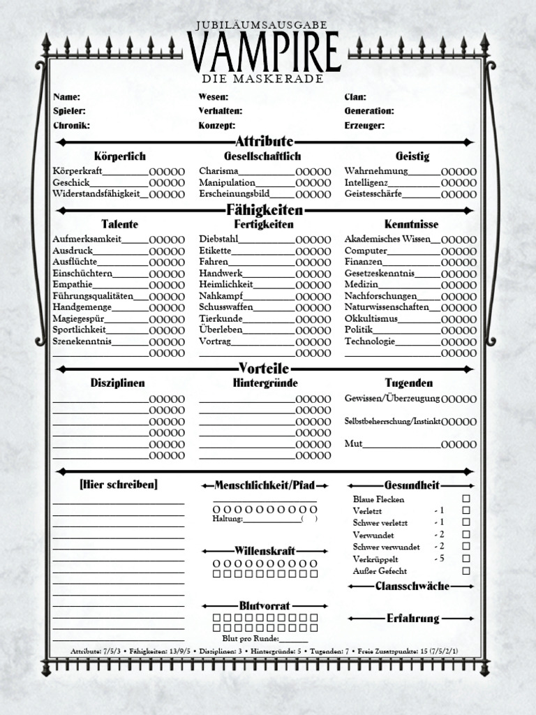 Vampire-V20 Charakterbogen - Ausfüllbar | PDF