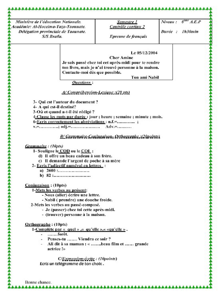 devoir-2-modele-3-francais-6eme-primaire-semestre-1 | PDF