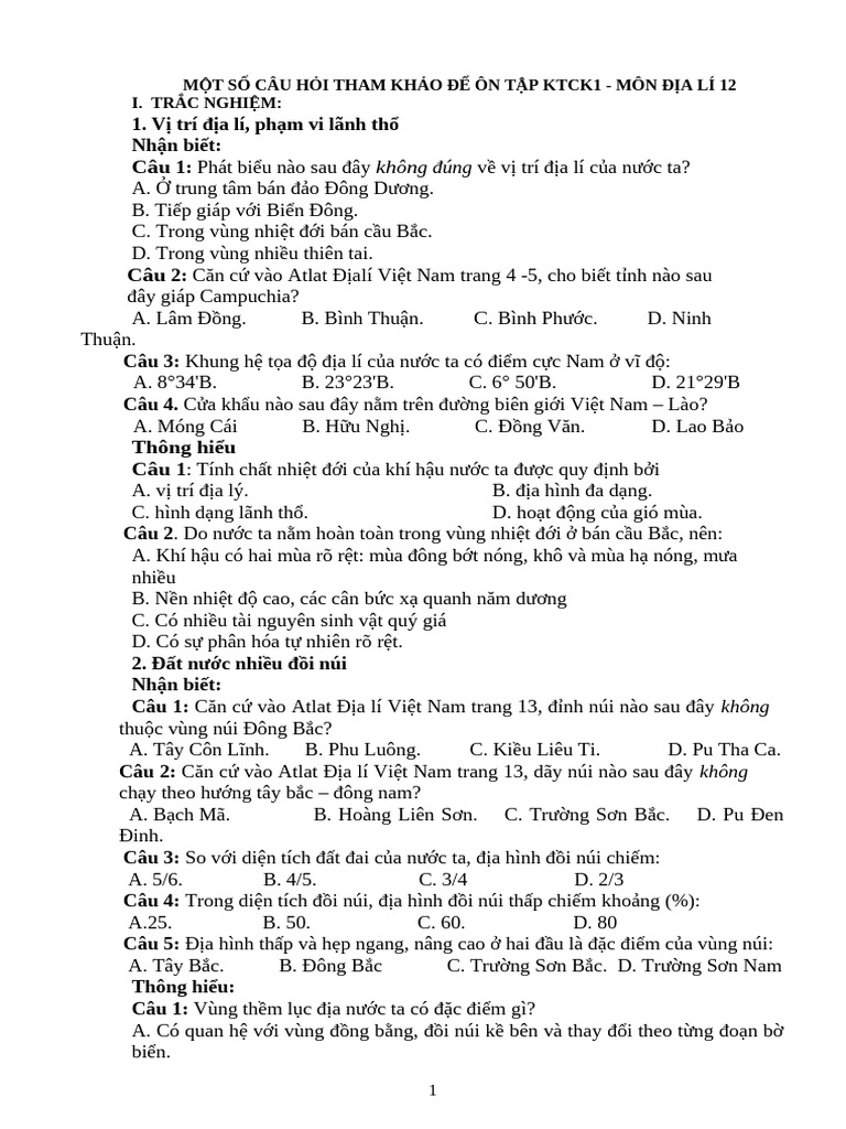 CÂU HỎI THAM KHẢO DE CUONG KTCK1-DIA 12 | PDF