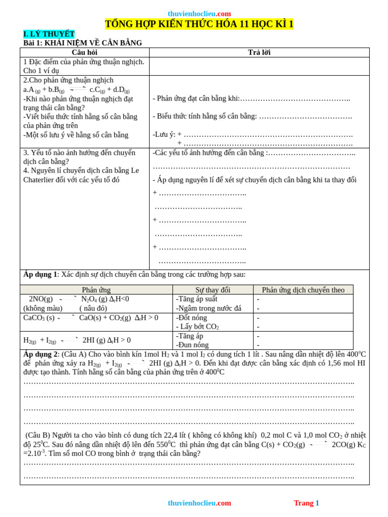 Tong On Tap Kien Thuc Hoa 11 HK1 Nam 23 24 | PDF