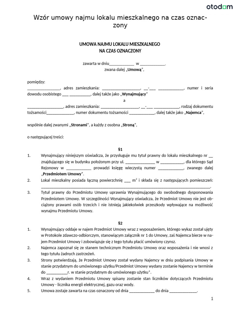 Umowa Najmu Lokalu Mieszkalnego Na Czas Oznaczony | PDF