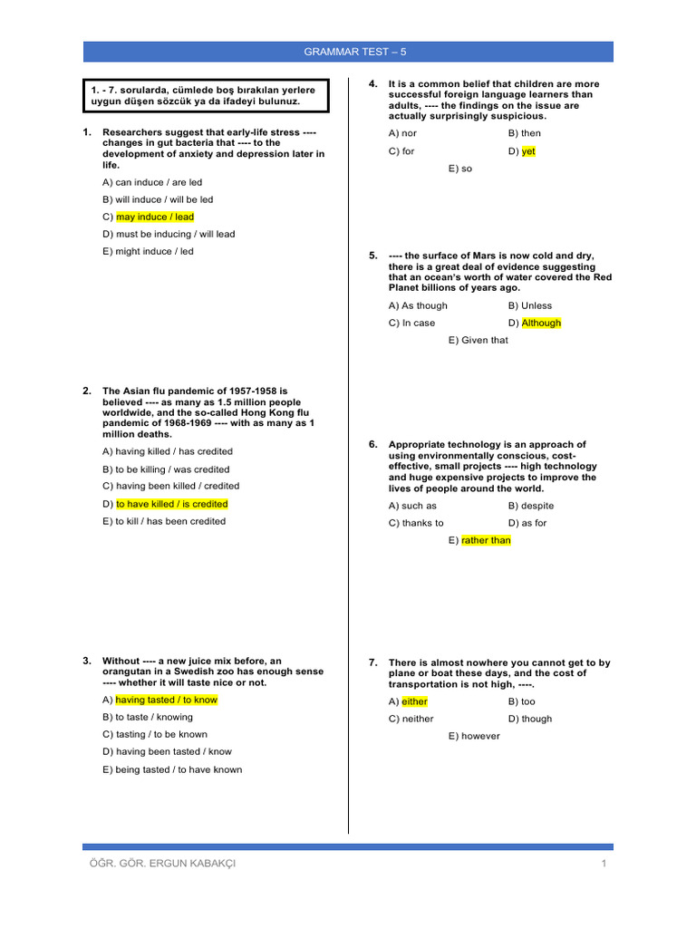 Grammar Test - 5 - Key | PDF