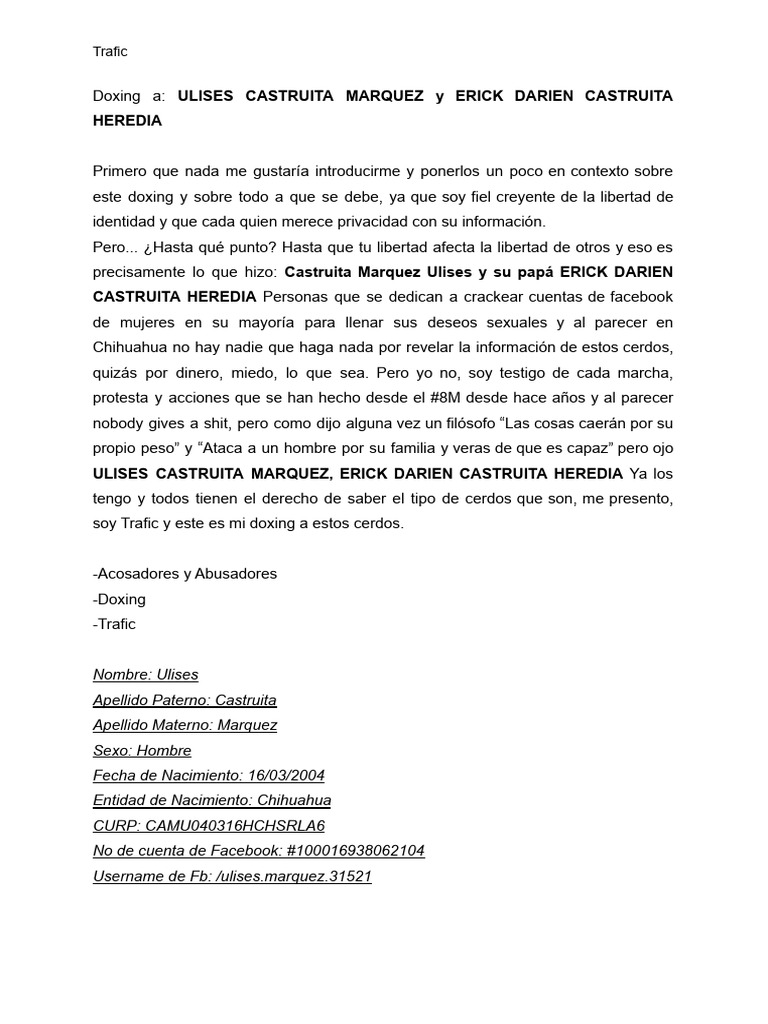Doxing A ULISES CASTRUITA MARQUEZ y ERICK DARIEN CASTRUITA HEREDIA-1 | PDF