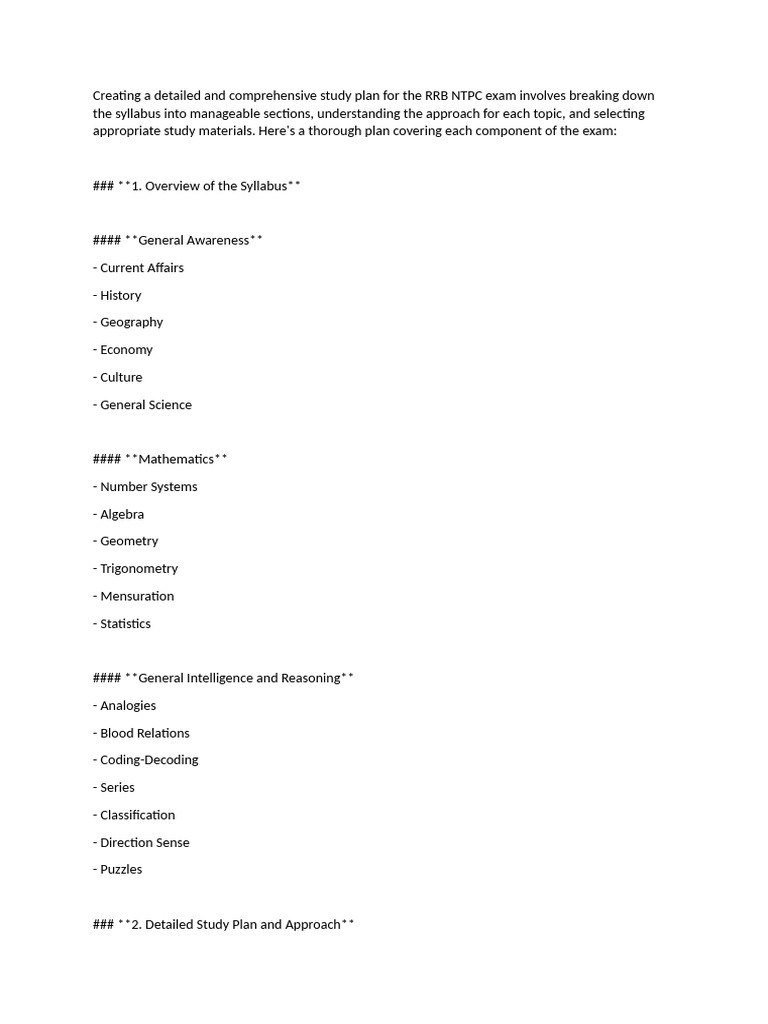 Creating A Detailed Study Plan For The RRB NTPC | PDF