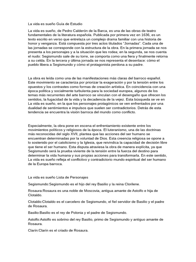 Guía de Estudio: La Vida es Sueño | PDF