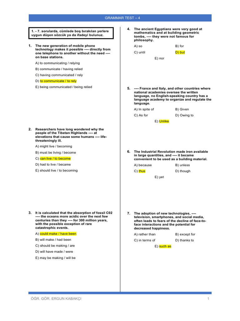 Grammar Test - 4 - Key | PDF