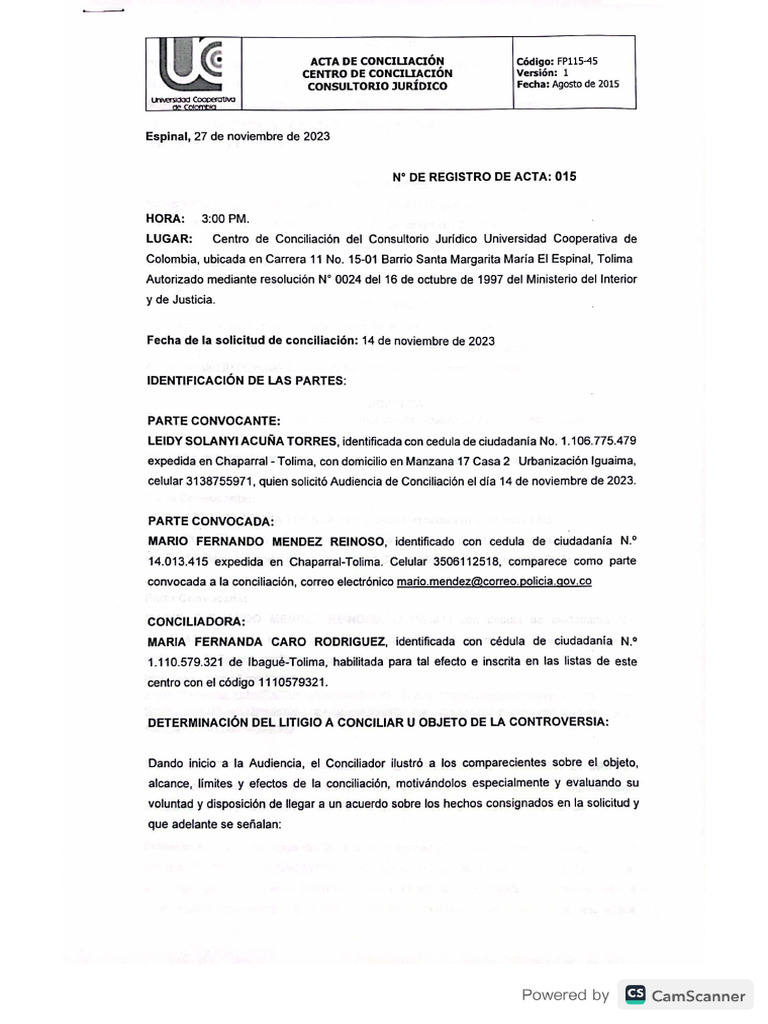 Acta de Conciliacion 015-2023 Leidy Solanyi Acuña - VS - Mario Fernando Mendez | PDF