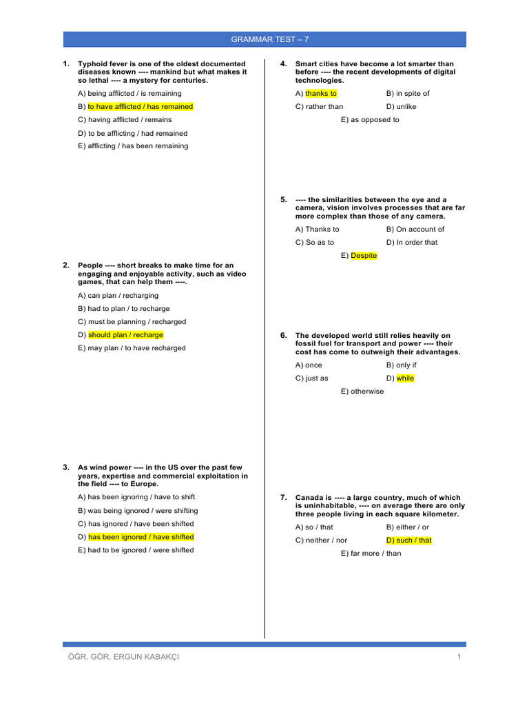 Grammar Test - 7 - Key | PDF