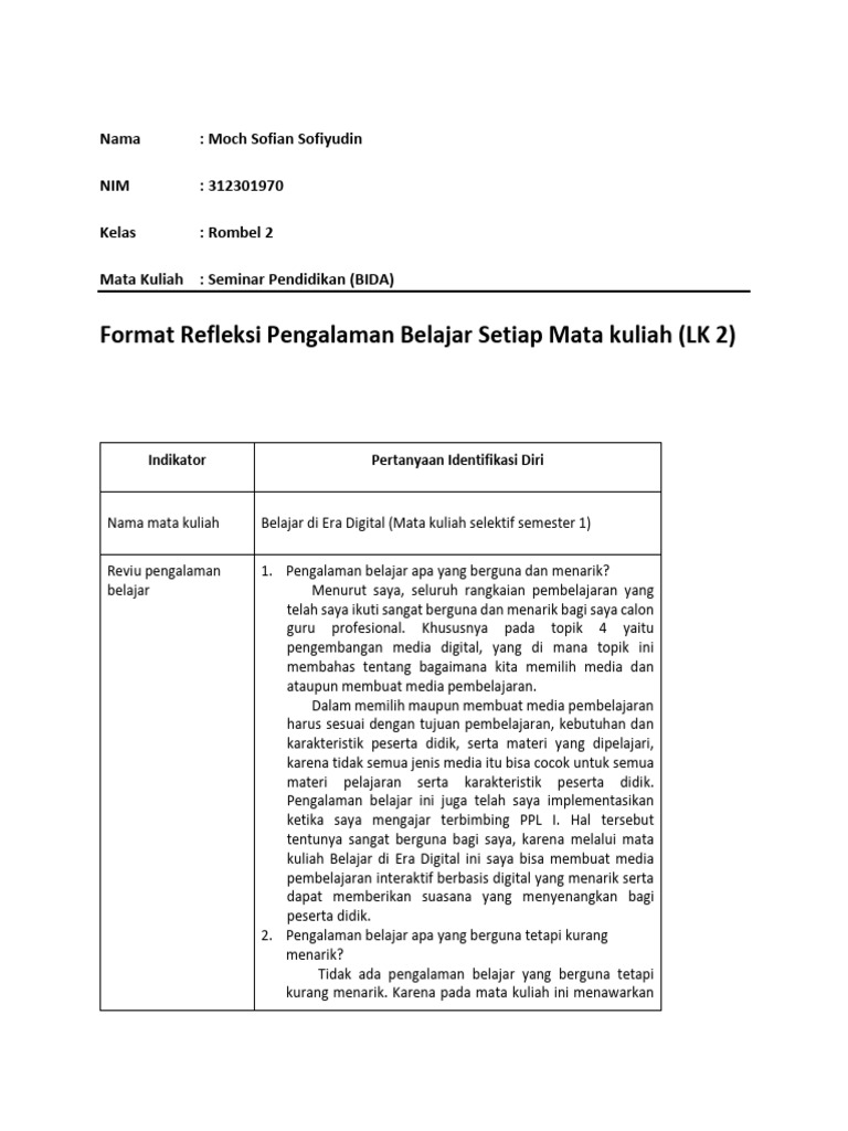 LK2-Format Refleksi MK BIDA | PDF