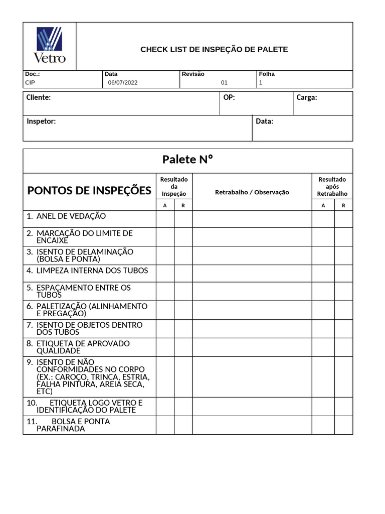 CHECK LIST DE INSPEÇÃO DE PALETE | PDF