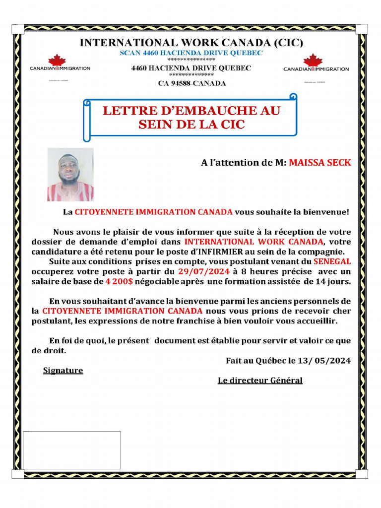 Original Lettre D'embauche Maissa Seck | PDF