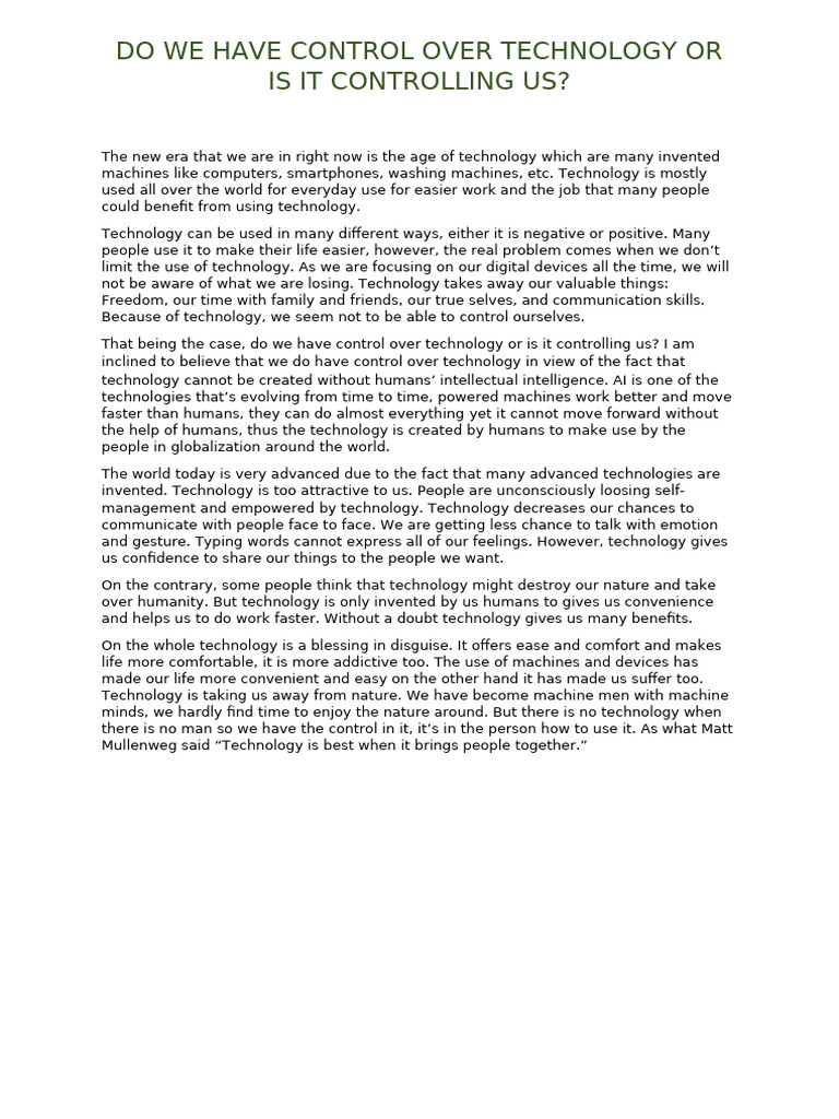 Do We Have Control Over Technology or Is It Controlling Us | PDF