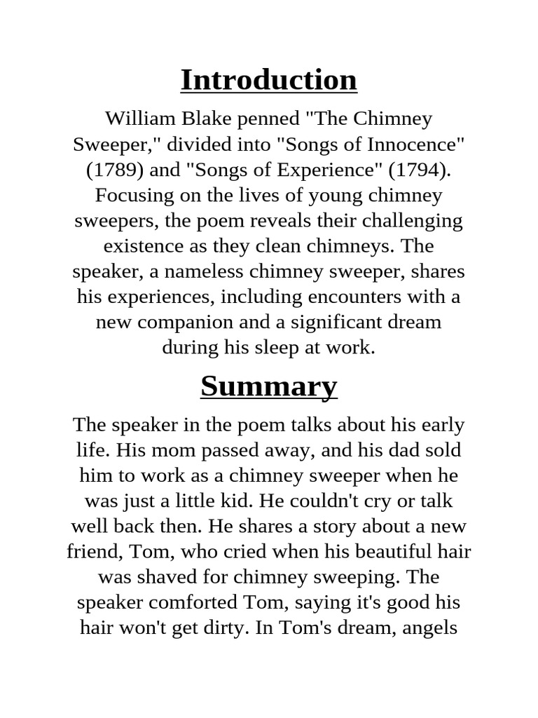 Chimney Sweeper Poem Summary Themes and Literary Devices | PDF