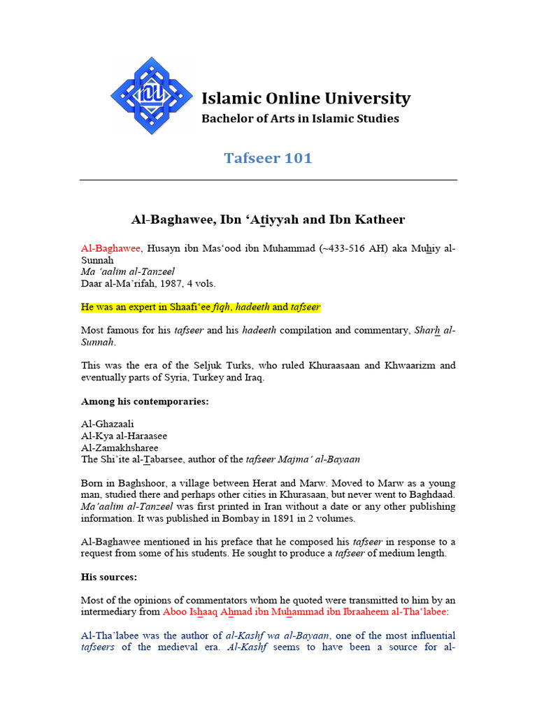 Baghawee Ibn Atiyyah Ibn Katheer | PDF