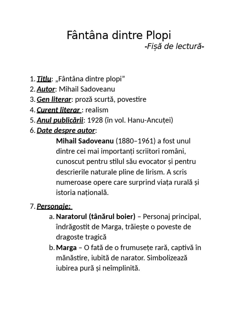 Fântâna Dintre Plopi - Fișă de Lectură | PDF