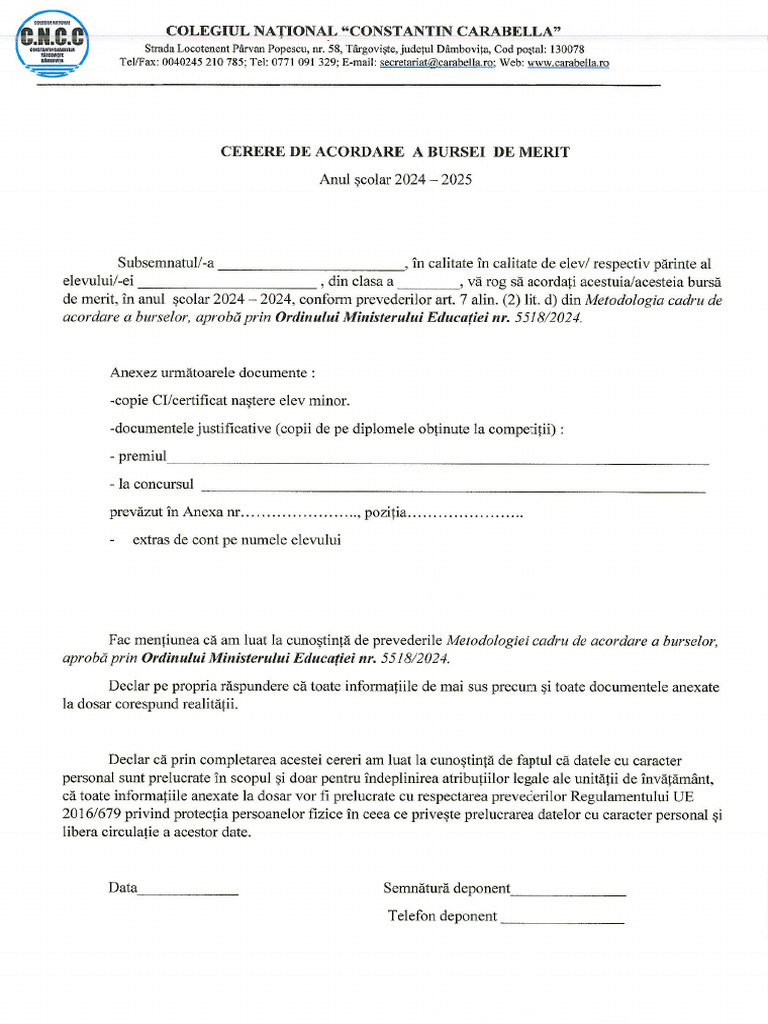 Cerere Acordare Bursa de Merit Si Rezilienta Si Tabel | PDF