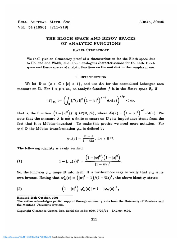 The Bloch Space And Besov Spaces Of Analytic Functions Pdf