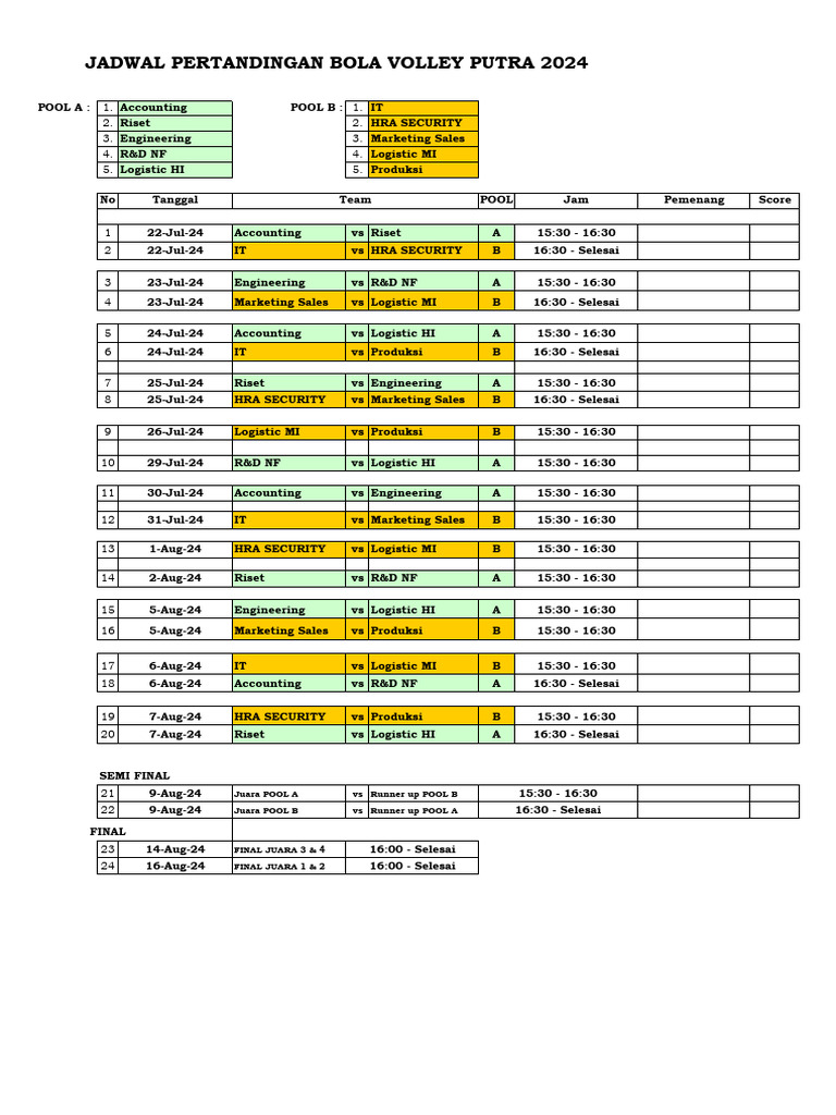 JADWAL VOLLEY PUTRA PULOGADUNG 2024 (Revisi 2) | PDF
