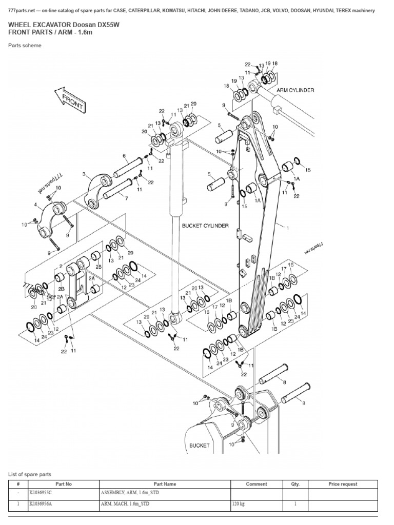 ARM - 1.6m - WHEEL EXCAVATOR Doosan DX55W - FRONT PARTS _ 777parts | PDF