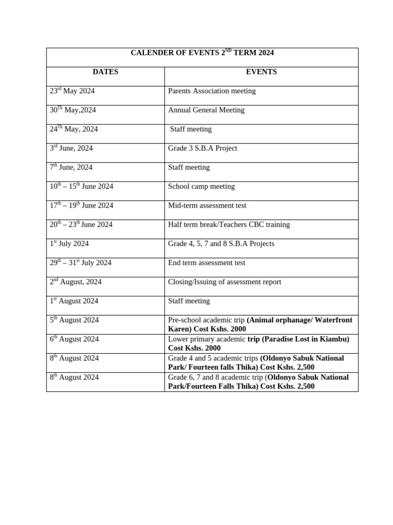 CALENDER OF EVENTS 2ND TERM 2024 | PDF