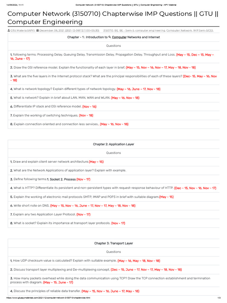 Computer Network (3150710) Chapterwise IMP Questions - GTU - Computer Engineering - APY Material ...