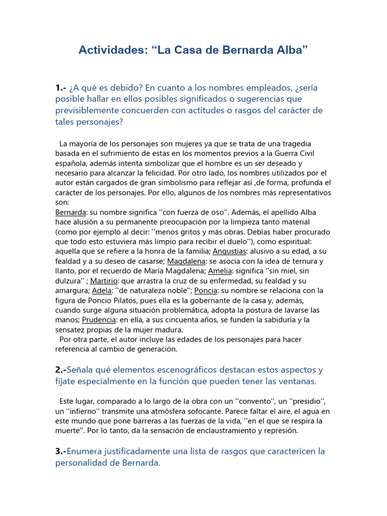 Actividades La Casa de Bernarda Alba - I | PDF