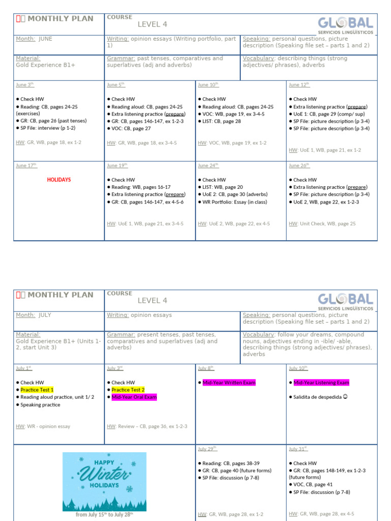 Monthly Plan LVL 4 June-July | PDF