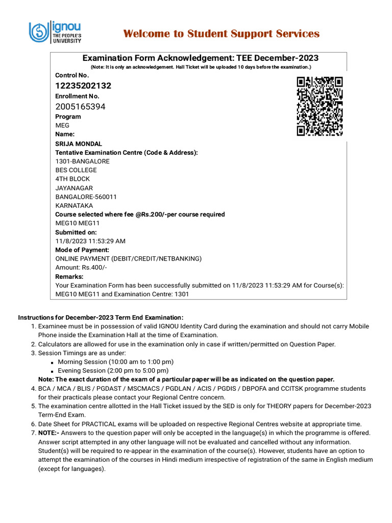 IGNOU - Examination Form Acknowledgement | PDF