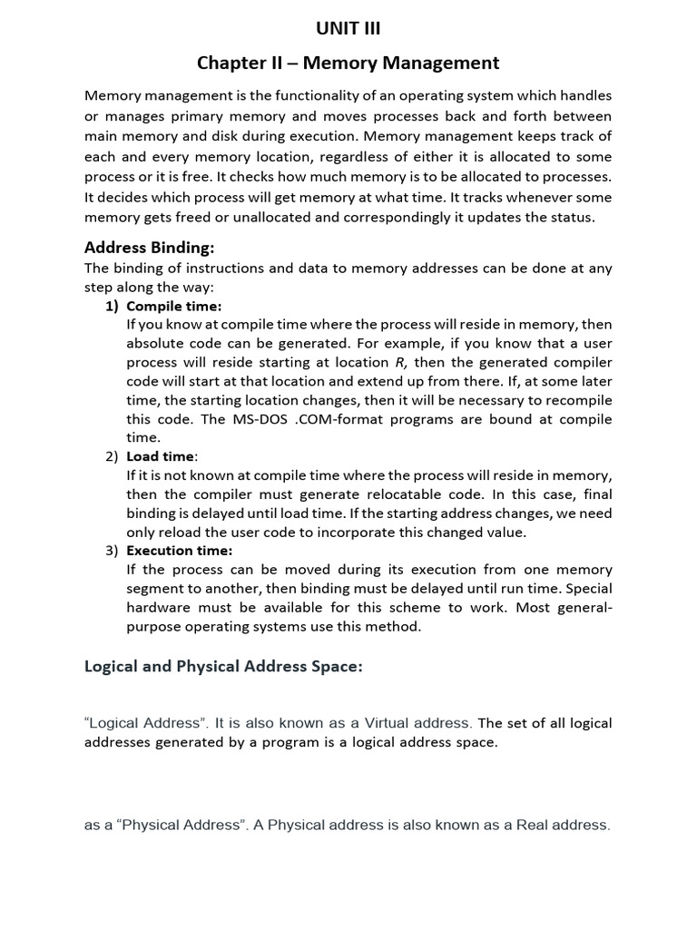 Unit III - Chapter II - Memory Managment | PDF