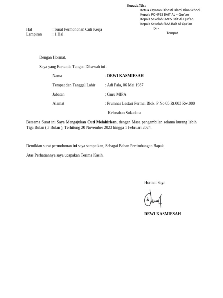 Surat Ijin Cuti Melahirkan | PDF