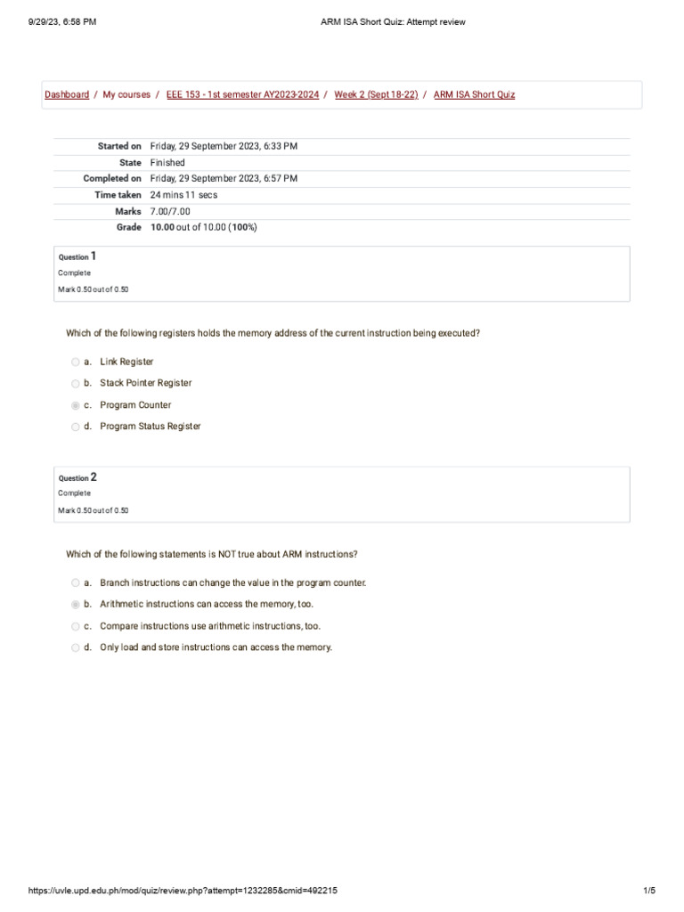 ARM ISA Short Quiz Attempt Review | PDF