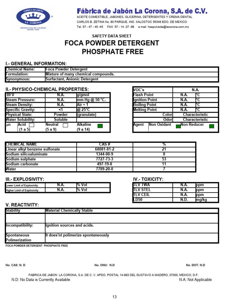 Hoja de Seguridad Detergente Foca | PDF | Productos de la industria química | Productos de limpieza