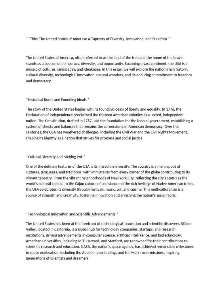The United States of America A Tapestry of Diversity, Innovation, and ...