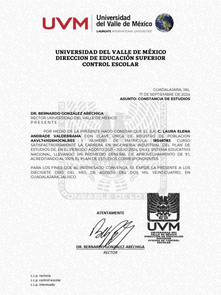 Constancia Uvm - Laura Elena Andrade Valderrama | PDF