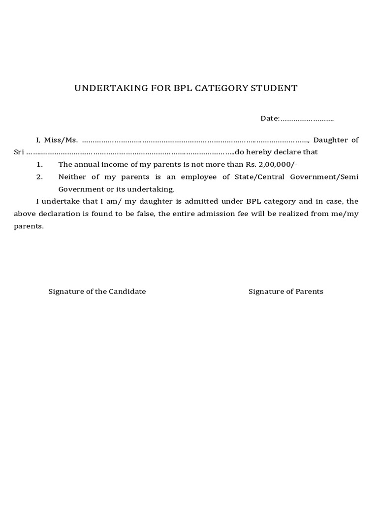 Undertaking For BPL Category Students | PDF