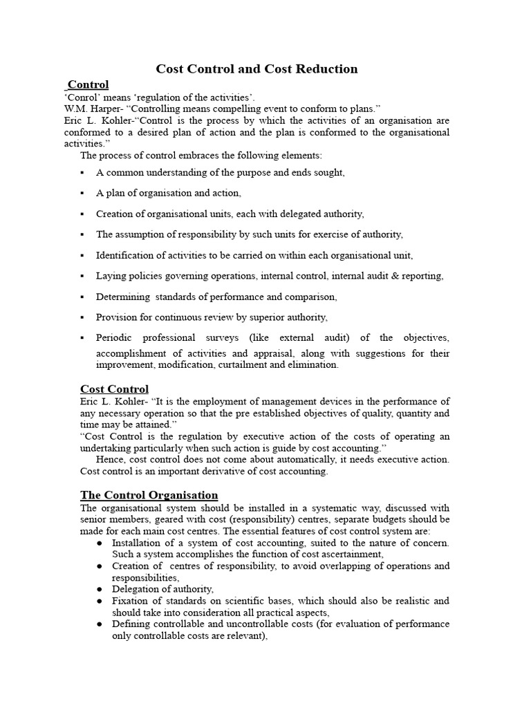 Cost Control and Cost Reduction | PDF