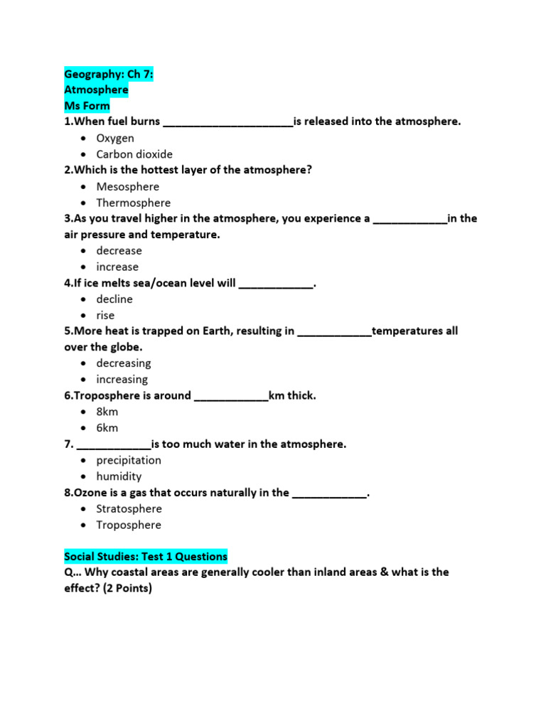 CH 7 Atmosphere Forms J Tests J Review Sheet and Booklet Questions | PDF