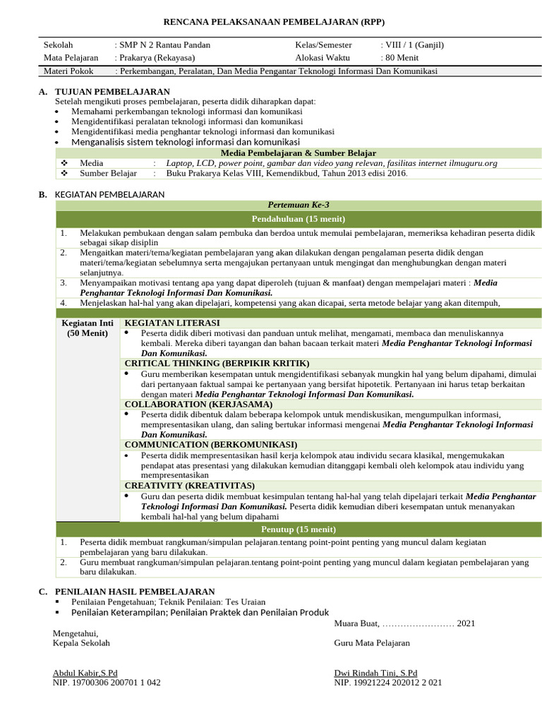 1.3 RPP I Prakarya (Rekayasa) Kelas 8 | PDF