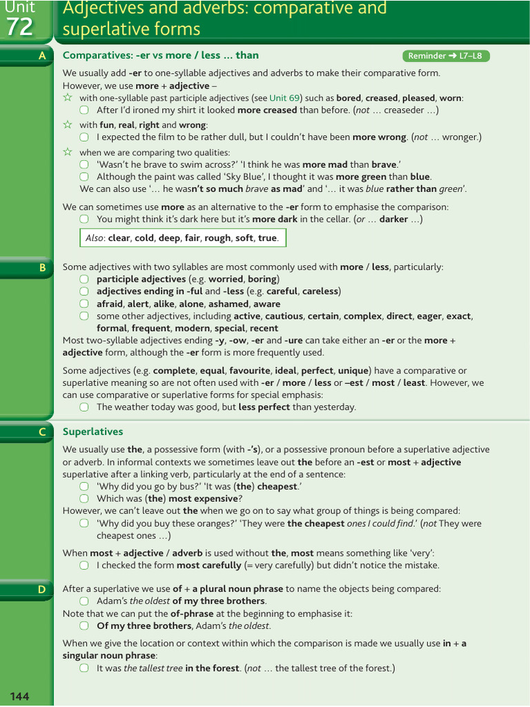 72 Adjectives and Adverbs: Comparative and Superlative Forms | PDF