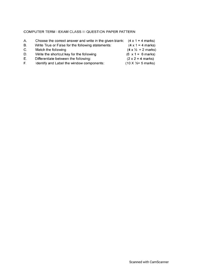Computer Term I Exam Class III Question Paper Pattern | PDF