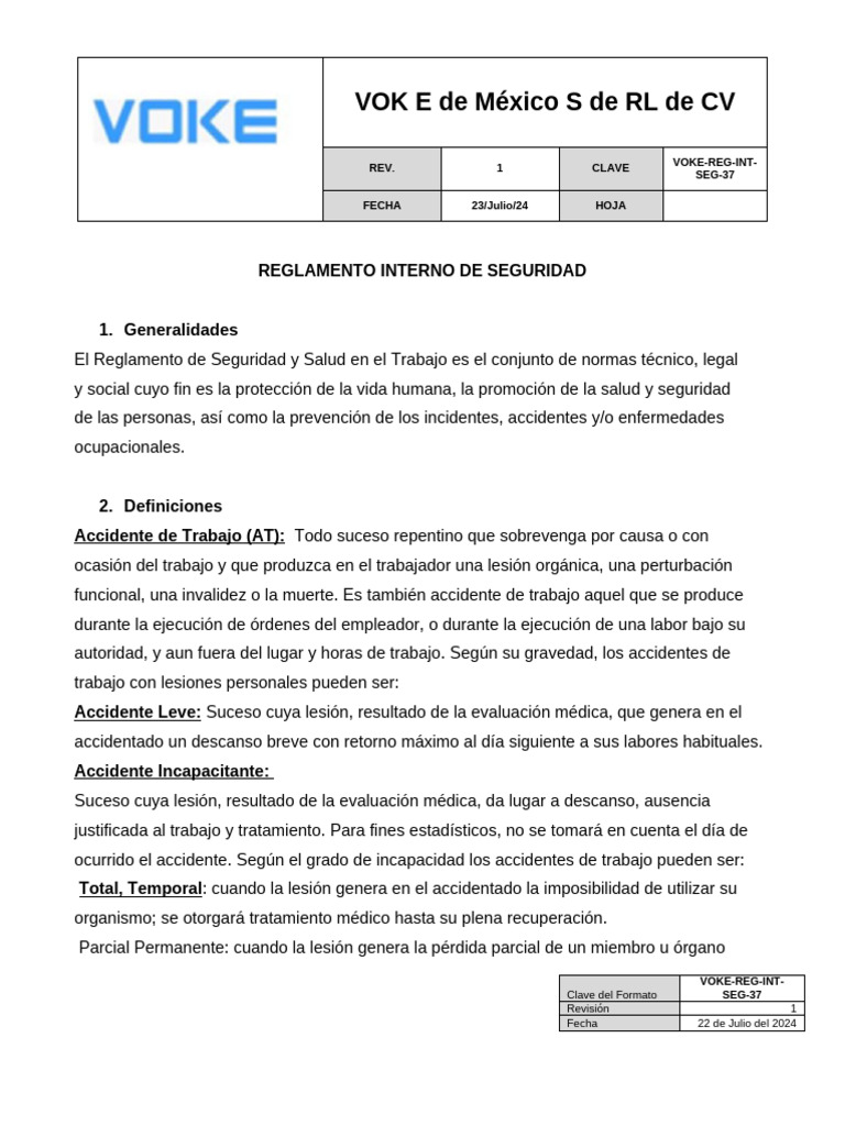 VOKE-REG-INT-SEG-37 Reglamento Interno de Seguridad | PDF