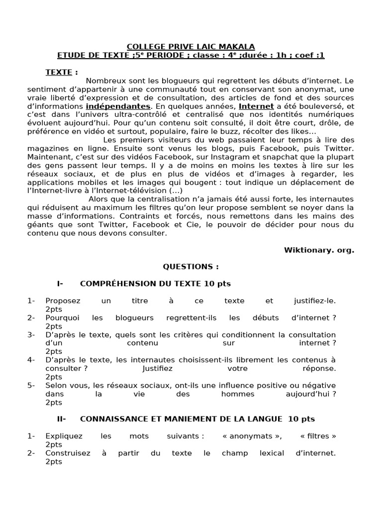 ETUDE DE TEXTE 5e PERIODE 4e 2021 | PDF