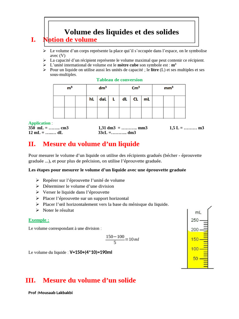 02 Mesure de Volume Des Solides Et Des Liquides | PDF